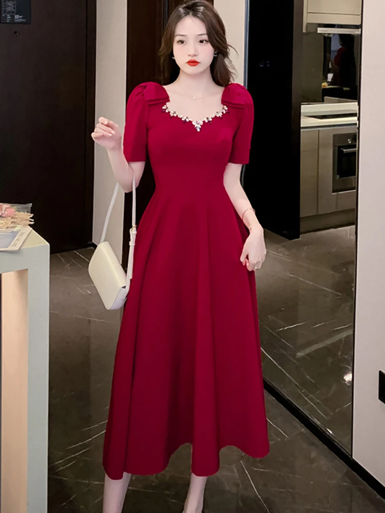 Yaz-yeni-k-rm-z-k-sa-kollu-Chic-Diamonds-Sqaure-yaka-Midi-elbise-2023 ...