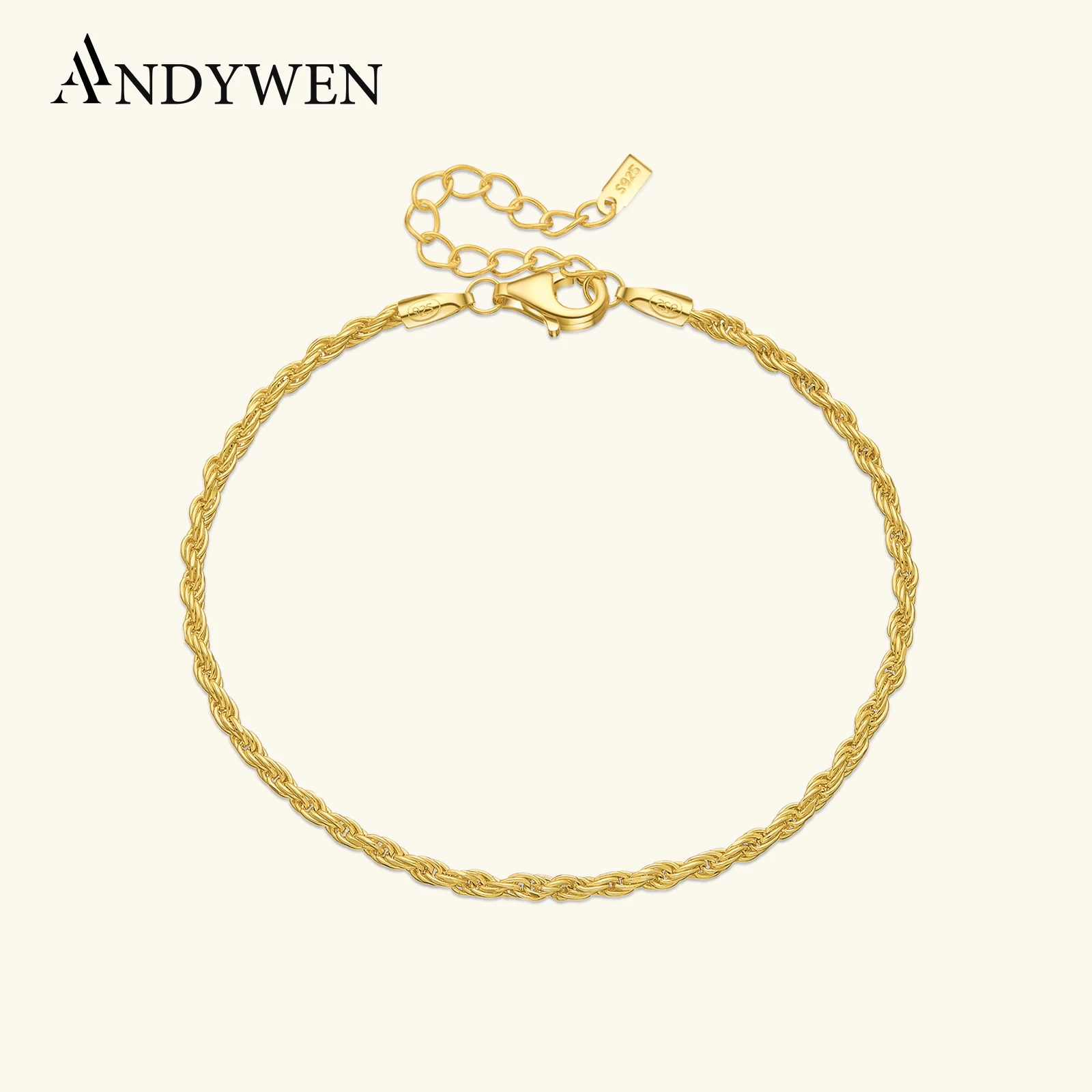 ANDYWEN 2020 925 Sterling Silver Gold Twist Chain Bracelet Bangle Soft ...