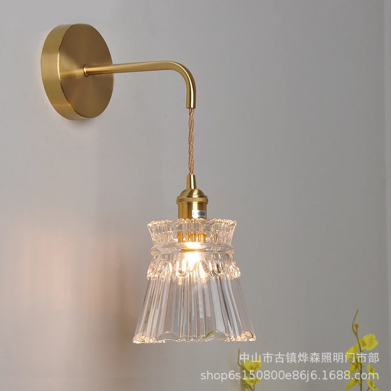 Japanese retro copper glass wall lamp post modern simple luxury bedroom ...