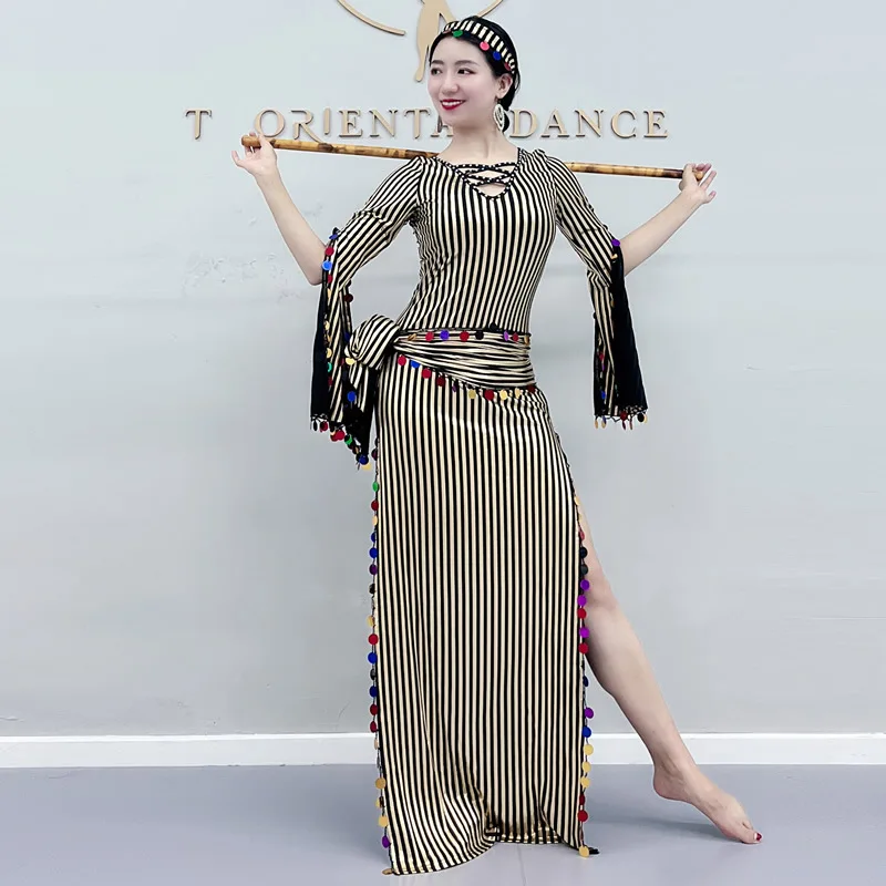 New-Belly-dance-Bronzing-Sequins-Robe-Baladi-Folk-Saidi-Cane-Dance-3pcs ...