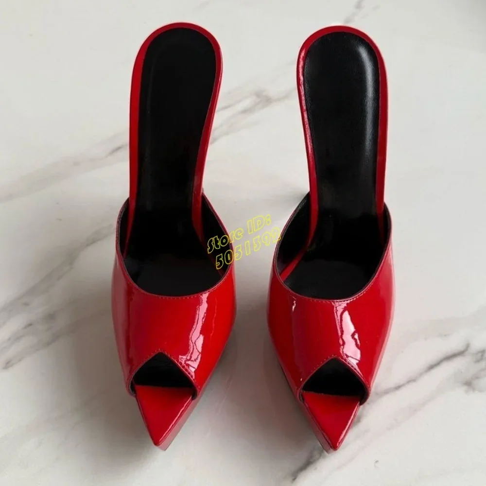 Red Patent Leahter Platform Slippers Peep Toe Stiletto Thin High Heel ...
