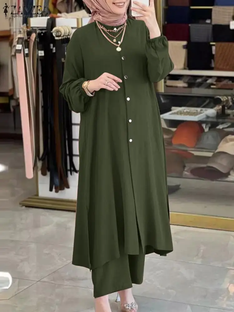 2PCS-Women-Muslim-Sets-ZANZEA-Spring-Long-Sleeve-Solid-Long-Shirt ...