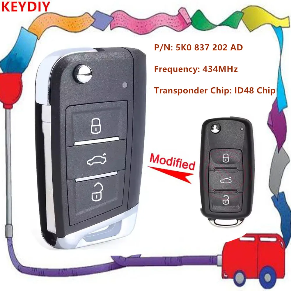 5K0837202AD 3 Buttons Upgraded Remote Key 434MHz ID48 Chip For VW ...