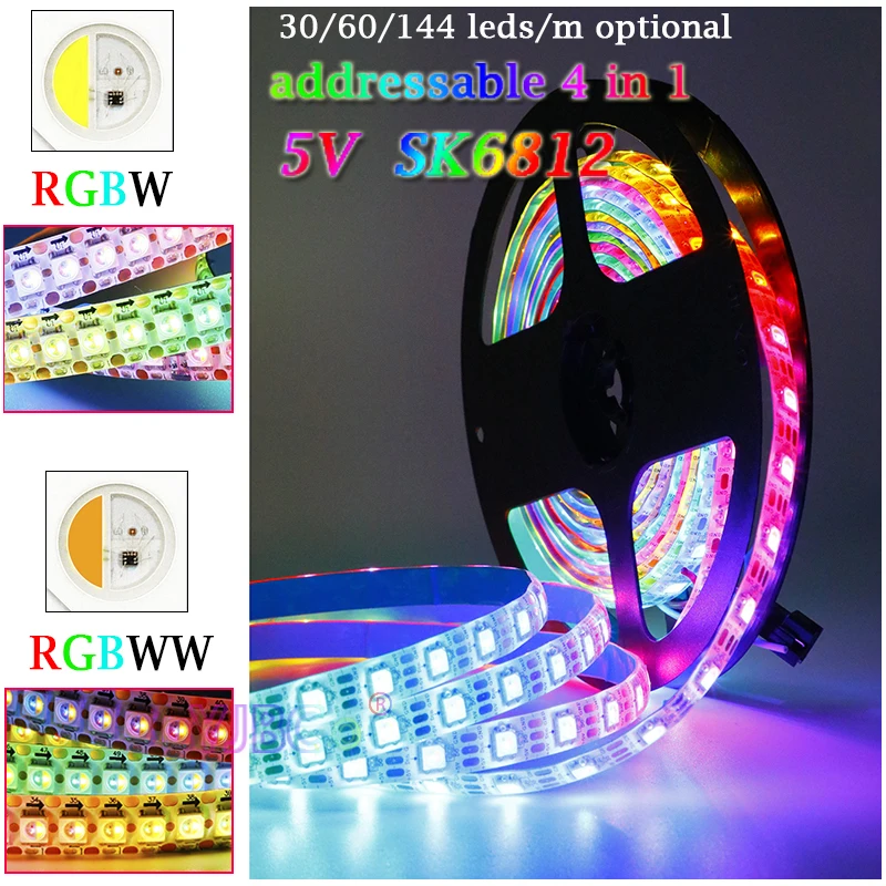 주소 지정 가능 RGBW RGBWW 4 색 1 LED 스트립 SMD 5050 RGB 흰색 픽셀 IC SK6812 램프 테이프 30/60/144 LED/m 5V 스마트 조명 ...