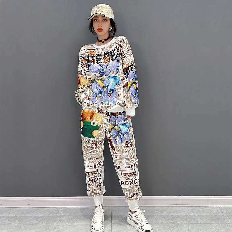 Spring and Autumn Newspaper Bear Pattern Tracksuit For Women Stud Two ...