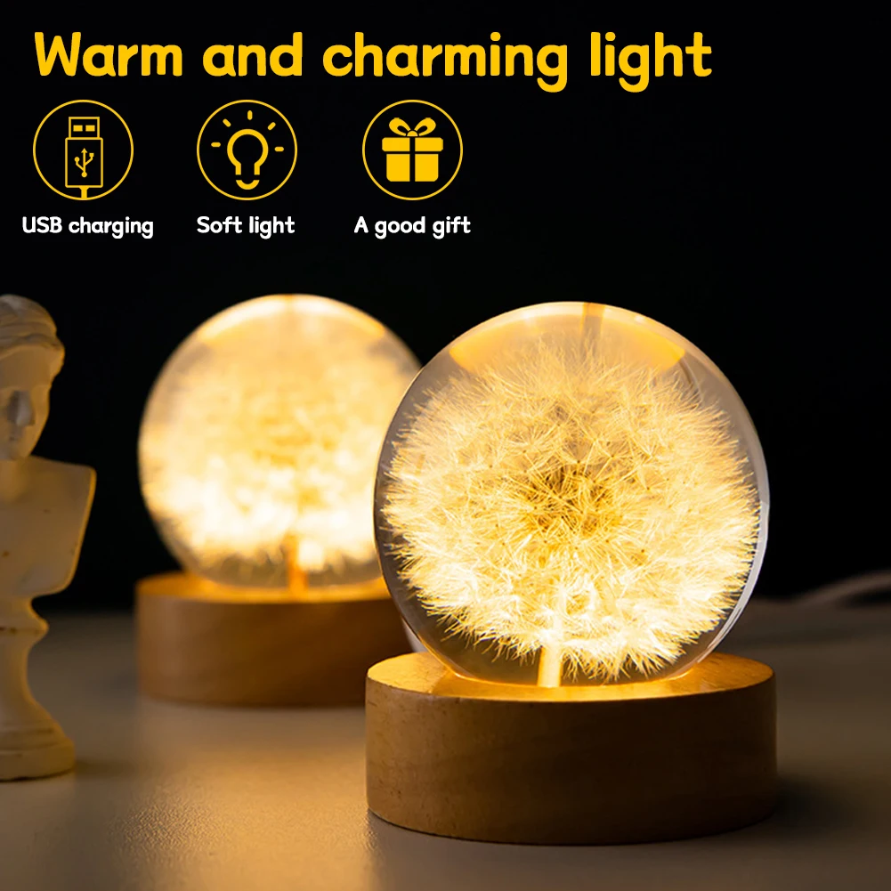 LED-Flowers-Crystal-Glass-Ball-Night-Light-with-Woodern-Base-Home ...