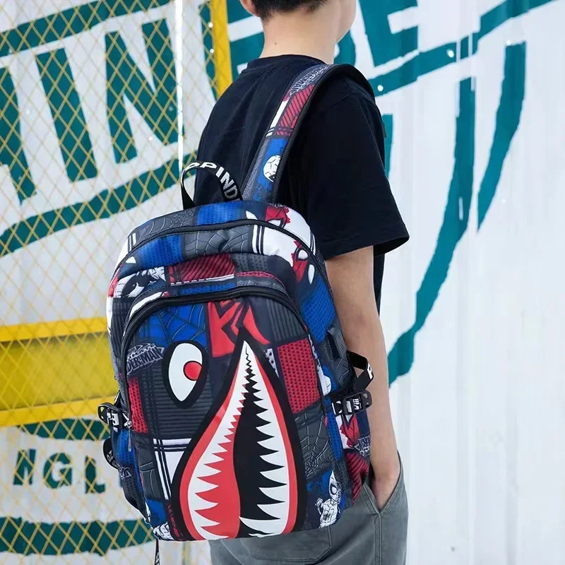 Fashion-Trend-Anime-Backpack-Men-Students-Schoolbag-Spider-Sharks-Print ...