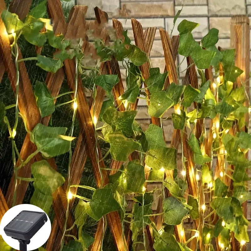 Solar LED Simulated Green Leaf Vine Copper Wire Light Courtyard Balcony ...