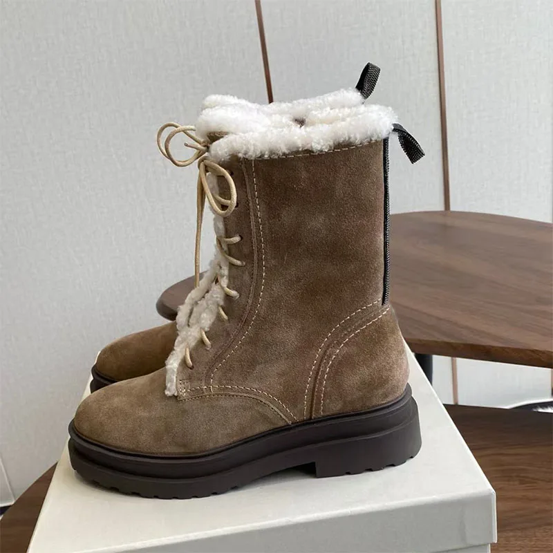 New Flat Motorcycle Boots Women Round Toe Lace Up Winter Shoes Woman ...