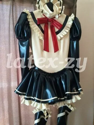 Latex-Rubber-Dress-2-Pieces-Cosplay-Ruffle-Skirts-Bow-Maid-Uniform-0 ...