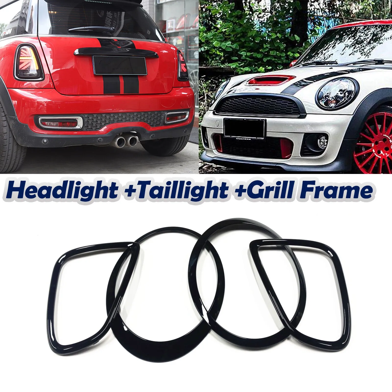 Gloss Black Front Rear Car Headlight Eyelid Frame Kit Grille Trim ...
