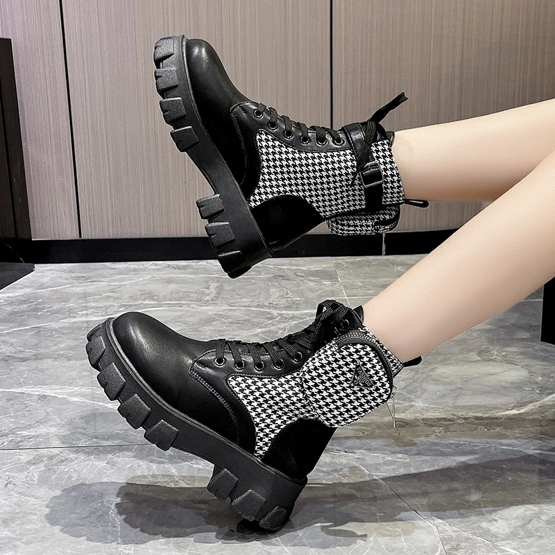 New Botas Women Motorcycle Ankle Boots Wedges Female Lace Up Platforms ...