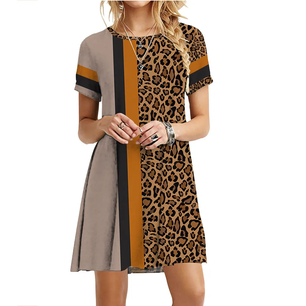 Vestido con estampado de leopardo para mujer, ropa holgada informal de manga corta con cuello ...