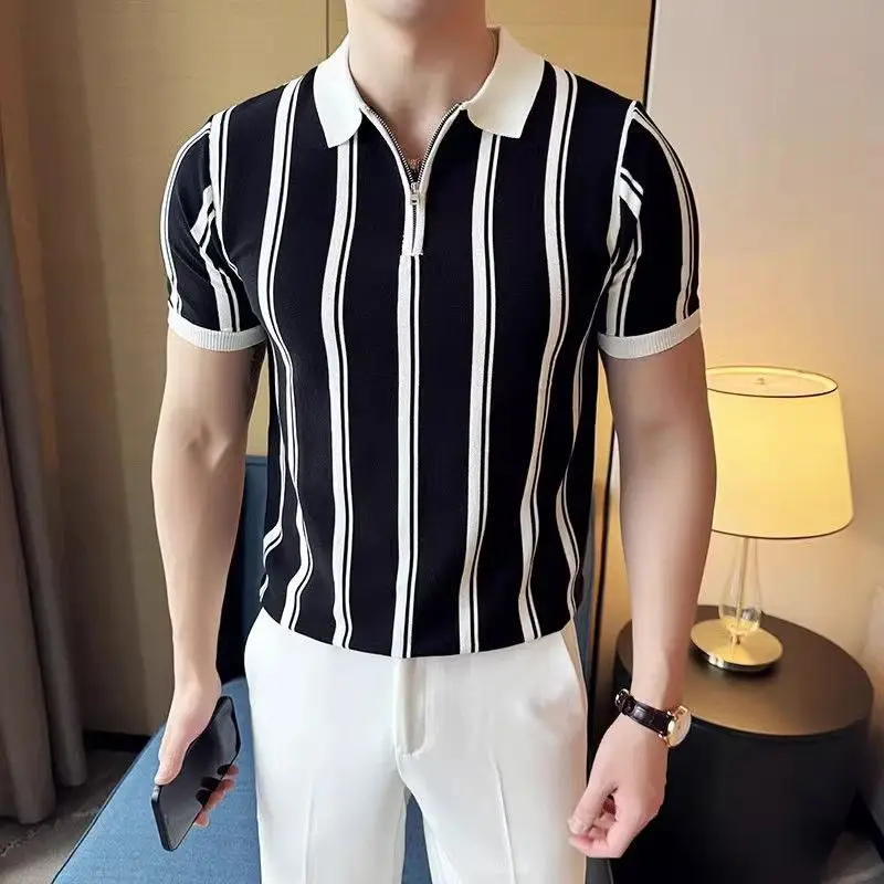 Korean Fashion Men Polo Shirts Summer Trend Smart Casual Lapel Striped ...
