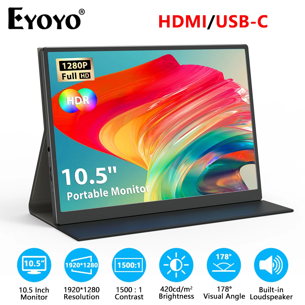 Eyoyo Full HD 1920x1280 10.5" Portable HDMI Gaming Monitor 100%sRGB USB-C IPS Display With ...