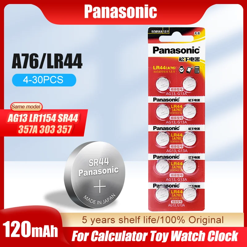 Panasonic A76 LR44 AG13 357 SR1154 LR1154 SR44 LR 44 1.5V Alkaline Batteries For Watch ...