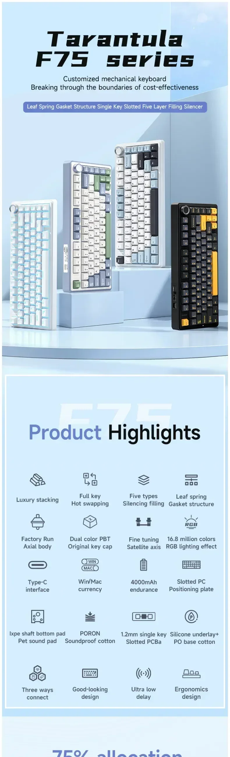 AULA F75 Mechanical Keyboard Wireless Bluetooth 2.4G Wired Tri-Mode Mu