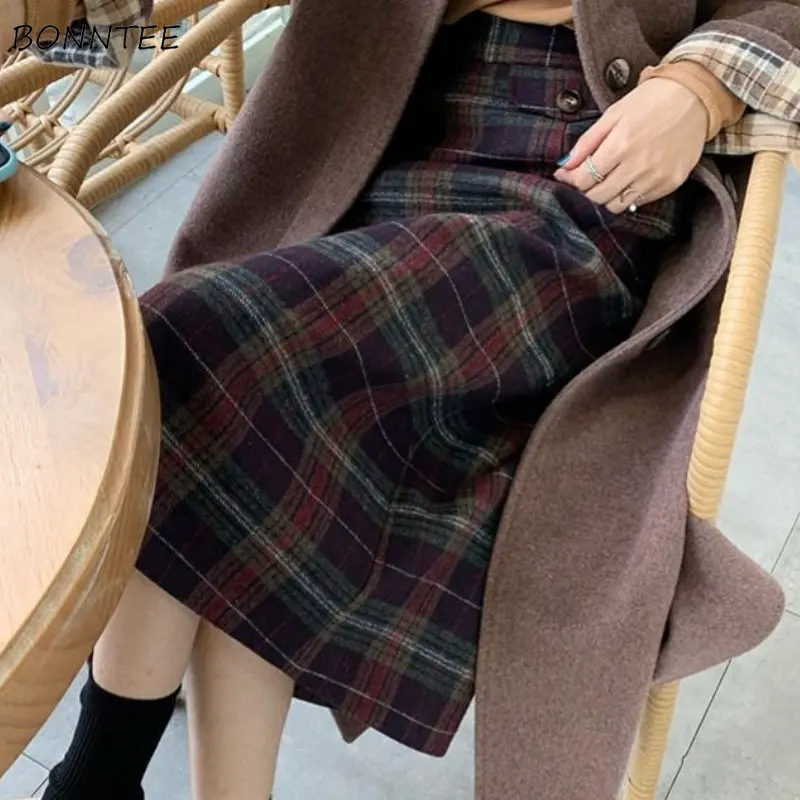Basic Thick Winter Skirts Women New Warm A-line Vintage Classic Plaid Midi High Waist Simple ...