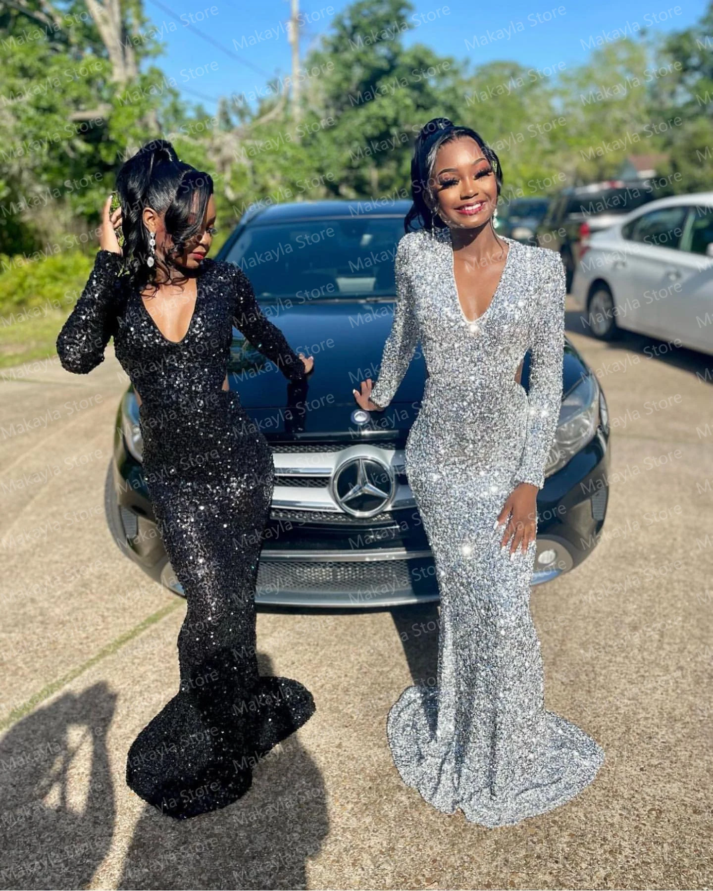 Black Sparkly Prom Dress Long Sleeve