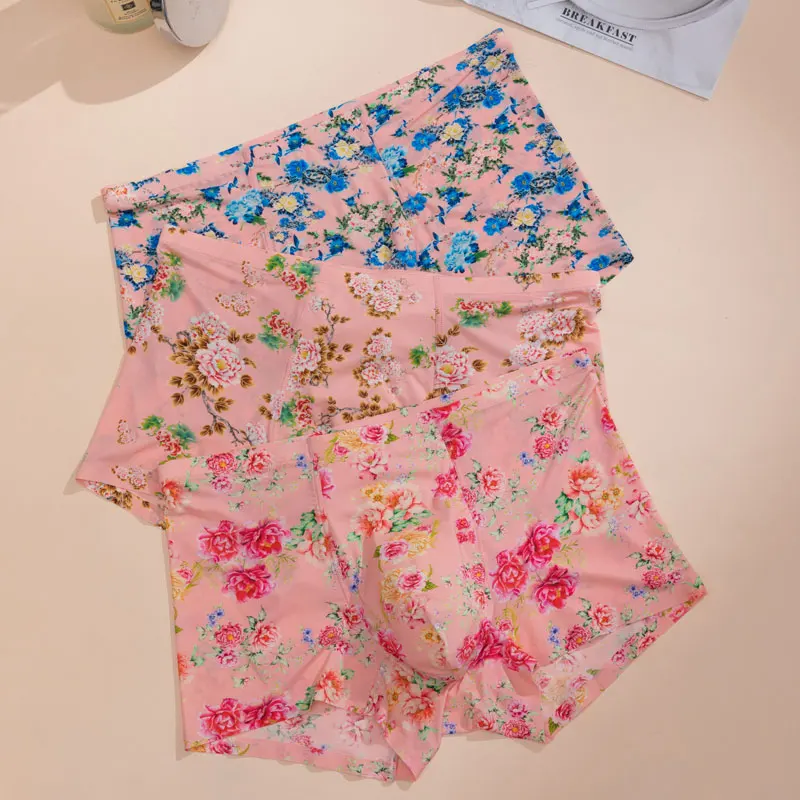 New-Online-Men-s-Ice-Silk-Flora-Underwear-Seamless-Sexy-Sissy-Boxers ...