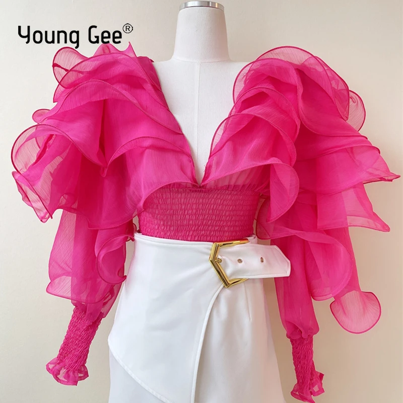 Young Gee Womens Layered Ruffles Blouse Chic Designer Blouses Sexy Deep ...