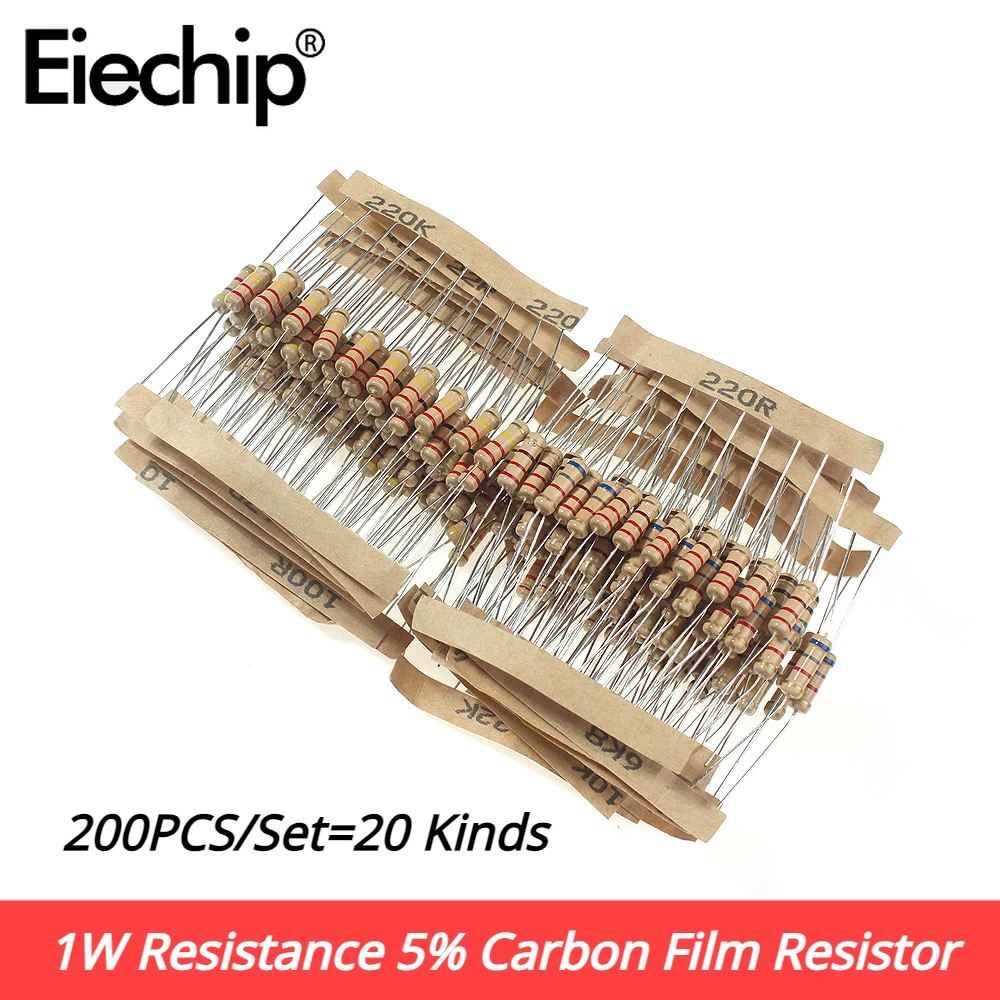 200PCS-Set-20-Kinds-1W-Resistance-5-Carbon-Film-Resistor-Pack-Assorted ...