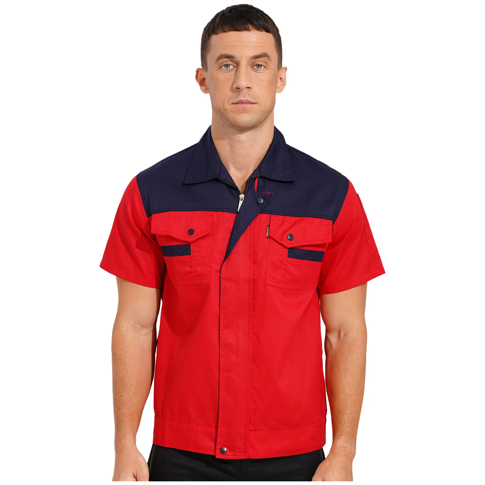 Mens-Workshop-Uniforms-Color-Block-Short-Sleeve-Zipper-Work-Jacket-Tops ...