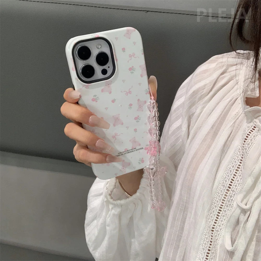 Phone-Case-with-Bracelet-Chian-Cover-for-iPhone-Cute-Floral-Bear-2-in-1 ...