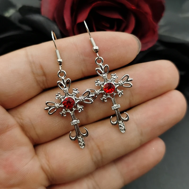 Gothic-Punk-trumpet-Cross-Earrings-Hip-Hop-Rock-Red-Oil-Drip-Crystal ...