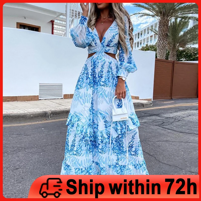 Cut Out Sexy Summer Dress Woman 2023 Trendy Long Sleeve Tie Dye Print ...