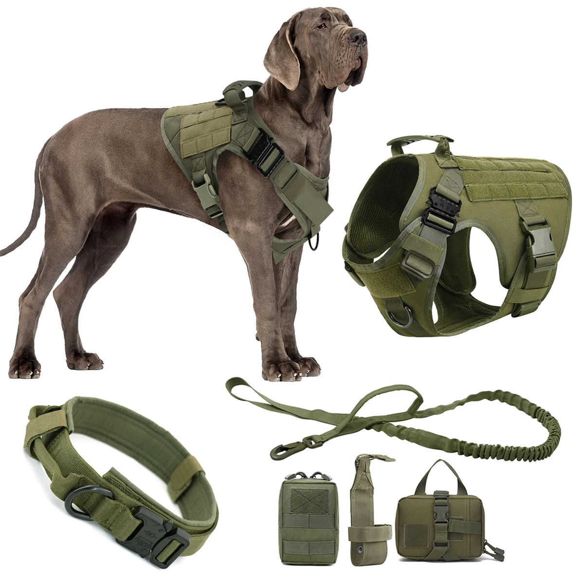 Tactical Dog Harness Leash Collar Molle Pouches for Medium Large Dogs ...