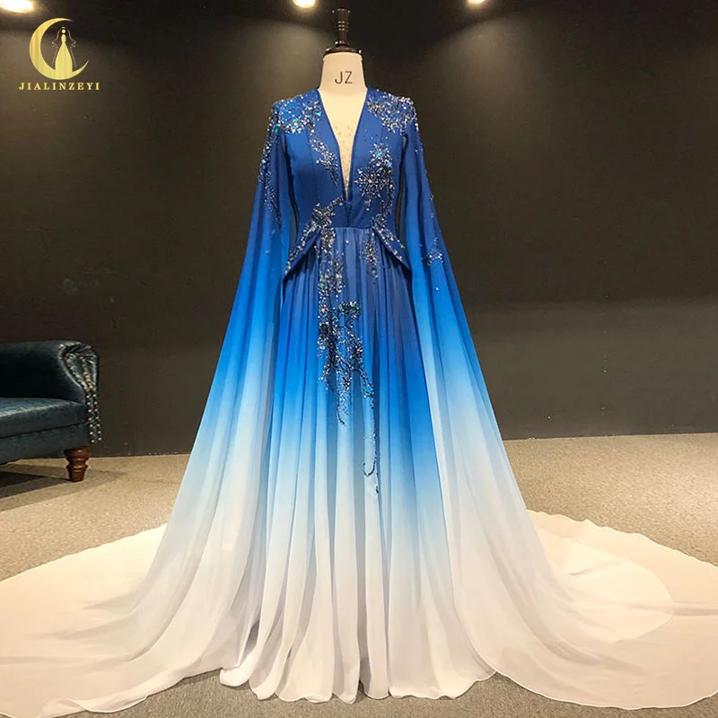 2524-Royal-Blue-Gradient-Long-Sleeves-Beaed-Fashion-robes-de-soir-e ...