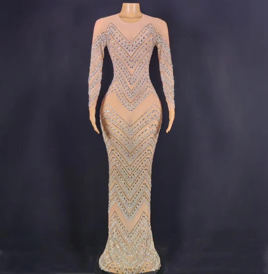Fashion-Diamond-Women-Long-sleeved-Dress-Luxury-Crystal-rhinestone ...
