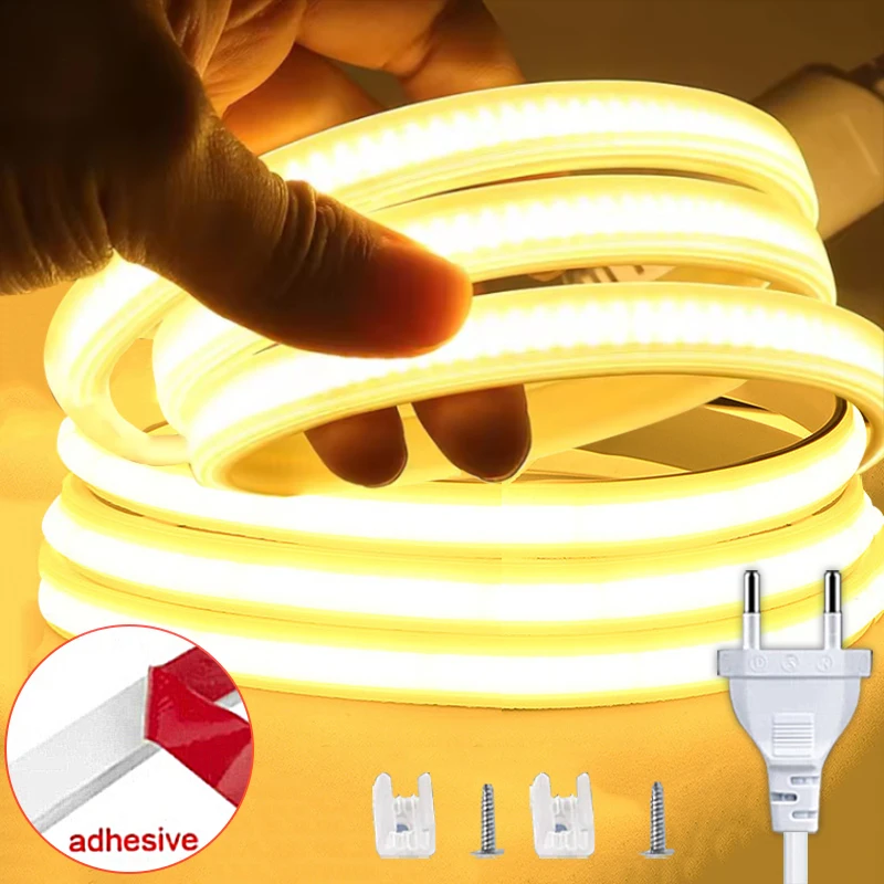 Supper-Bright-220V-LED-Strip-Light-Waterproof-COB-LED-Strip-EU-Plug ...