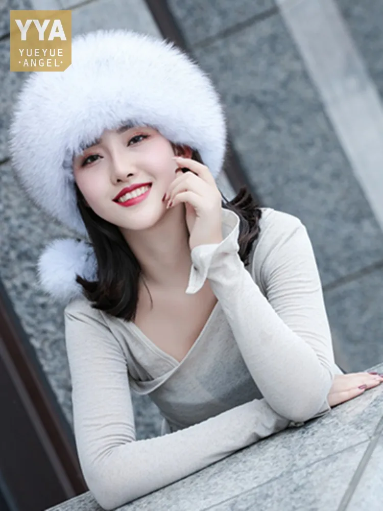 Women Winter Thick Keep Warm Real Fox Fur Hat Adjustable Hairy Natural ...