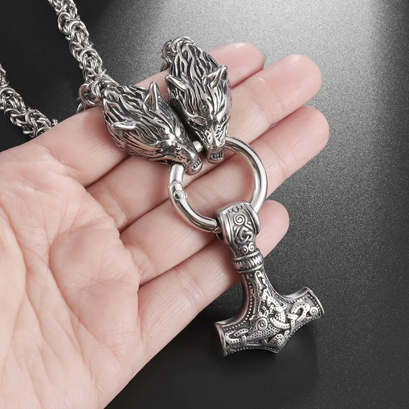 Colar viking nórdico vintage para homens, cabeça dupla de lobo, colar ...