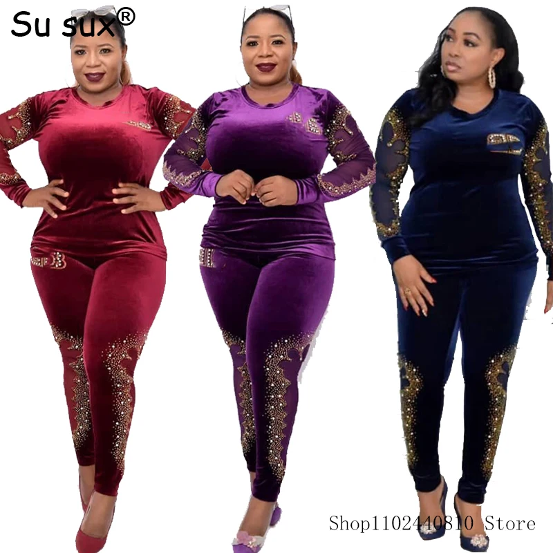 Letter Beading Velvet Two Piece Set Women Outfits Casual Mesh Patchwork ...