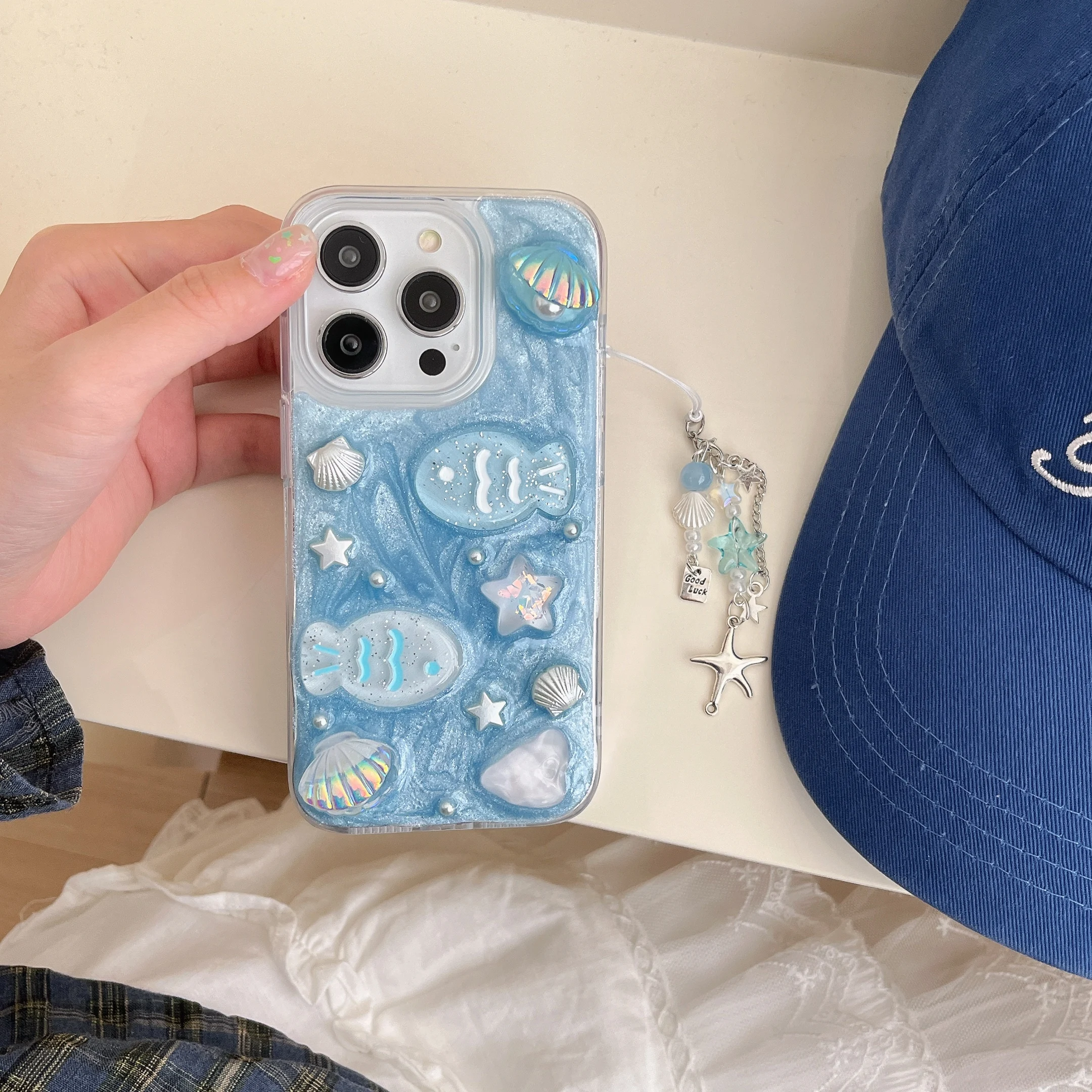 Ins Sparkling Blue 3D Pearl Shell Ocean Fish Star Pendant Phone Case ...
