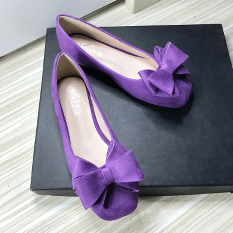 Femme Sweet Big Bow Flats Flock Slip-Ons For Tender Feet Purple Green ...