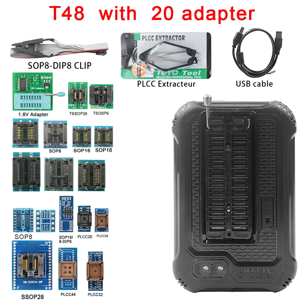 XGecu T48 (TL866-3G) Programmer + 20 Adapters Support 32000+ ICs for SPI/Nor/NAND Flash/EMMC BGA ...
