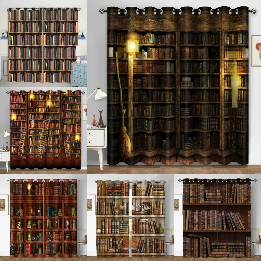 American-Retro-Bookcase-Printed-Curtains-Polyester-Material-Suitable ...