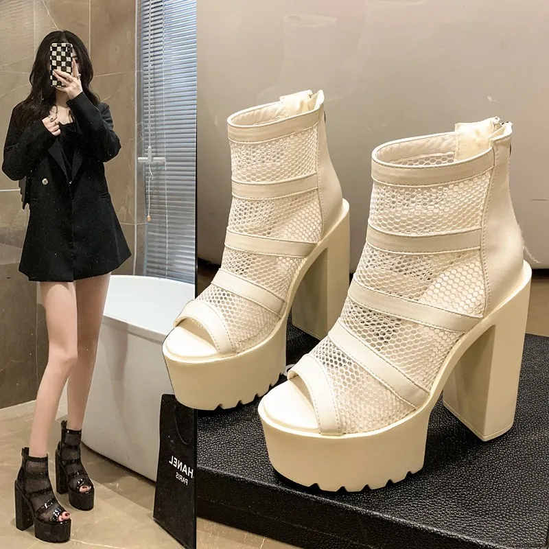 신상품 여름 오픈 토 샌들 메쉬 하이힐 청키 블랙 피쉬 입 신발 섹시한 파티 스퀘어 힐 백 지퍼 여성 샌들 2023