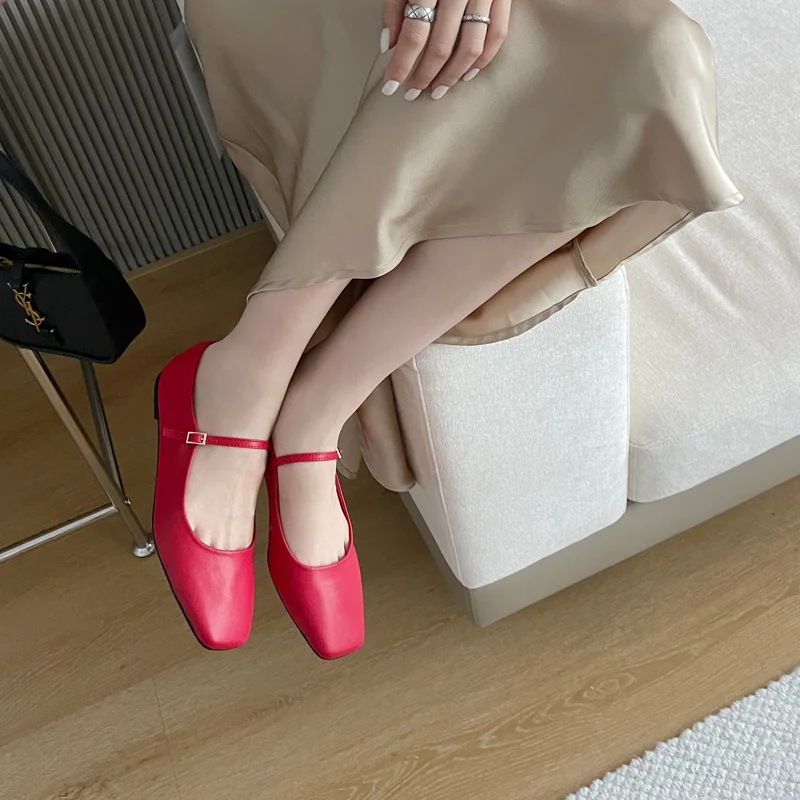 Red-Flat-Shoes-Women-Elegant-Mary-Jane-Shoes-Fall-Square-Toe-Pumps ...