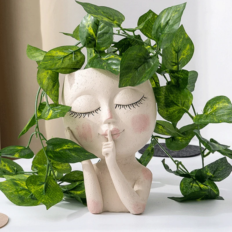 Flower Pot Whispering Girl Resin Flower Pot Nordic Style Green Plant ...