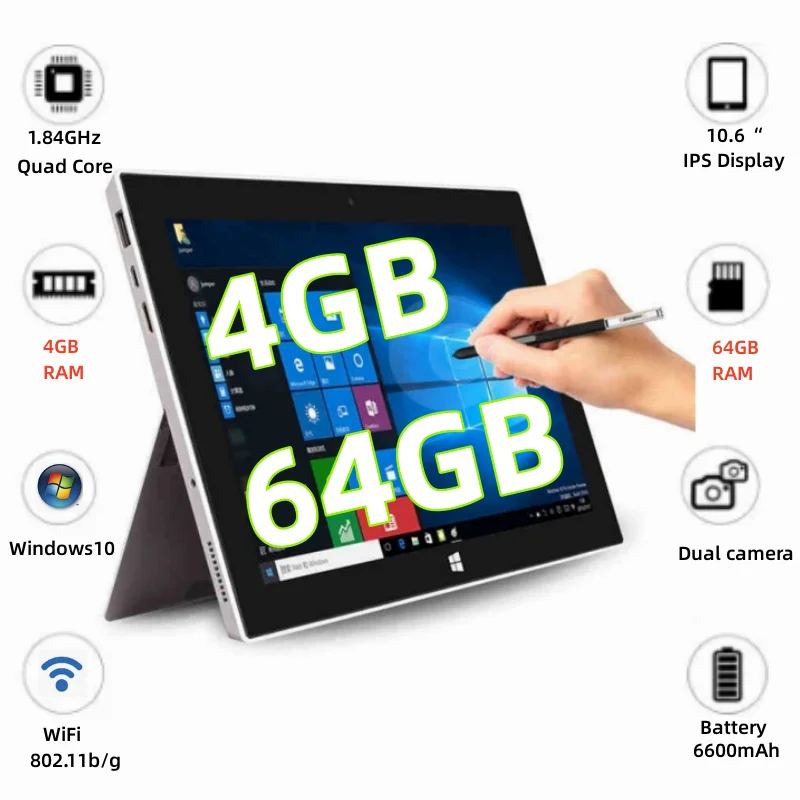 New 10.6 Inch Windows 10 Tablet 4GB RAM 64GB ROM 64-bit HDMI-Compatible ...