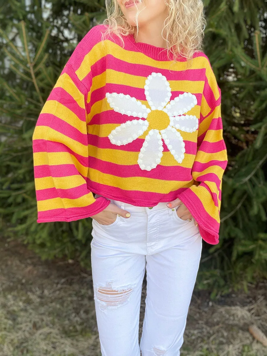 Women-s-Fall-Striped-Sweater-Floral-Pattern-Drop-Shoulder-Long-Sleeve ...