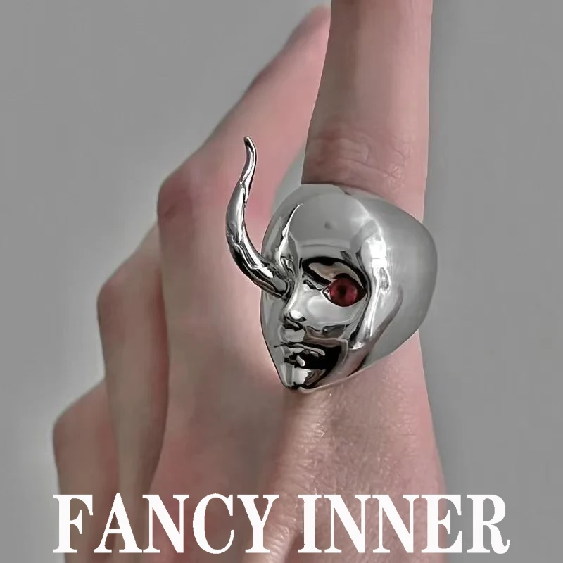 2023-New-Demon-Mask-Ring-Metal-Cyberpunk-Rhinestone-Silver-Color-Horn ...