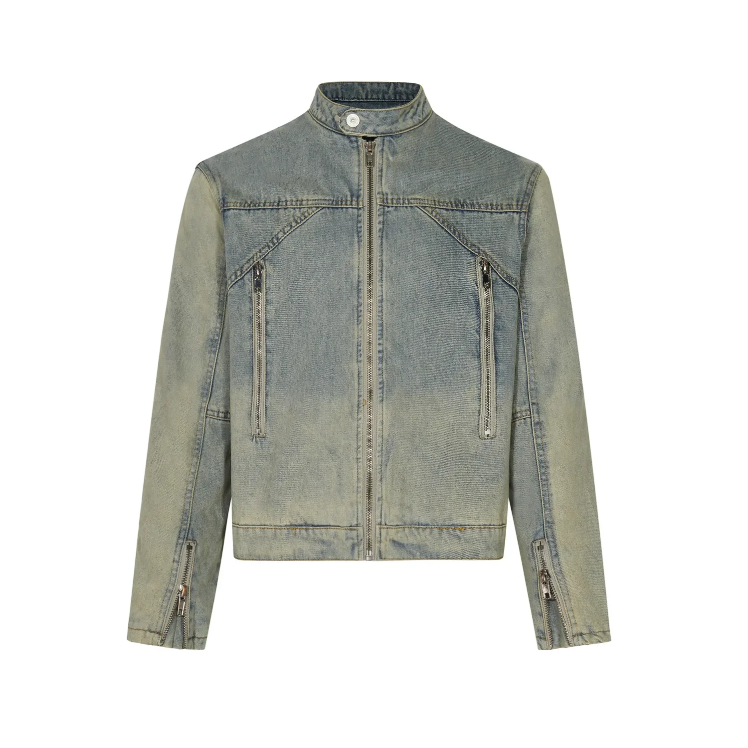 MADE-EXTREME-Washed-Zippered-Stand-Denim-Jacket-Multi-zipper-Jeans ...