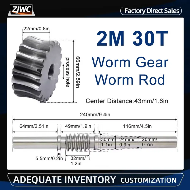 1pcs 2 Modulus 30 Teeth Reducer Worm Gear Process Hole And 2M Worm Rod ...