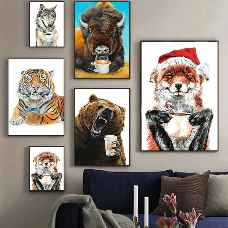 Animals-Drinking-Coffee-Poster-Alpaca-Canvas-Painting-Wall-Poster ...